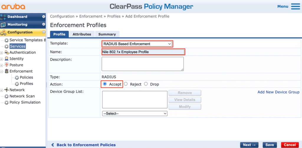 Dot1x Aruba ClearPass Integration | Nile