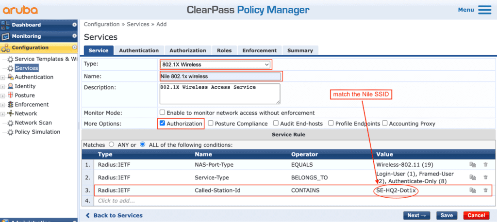 Dot1x Aruba ClearPass Integration | Nile